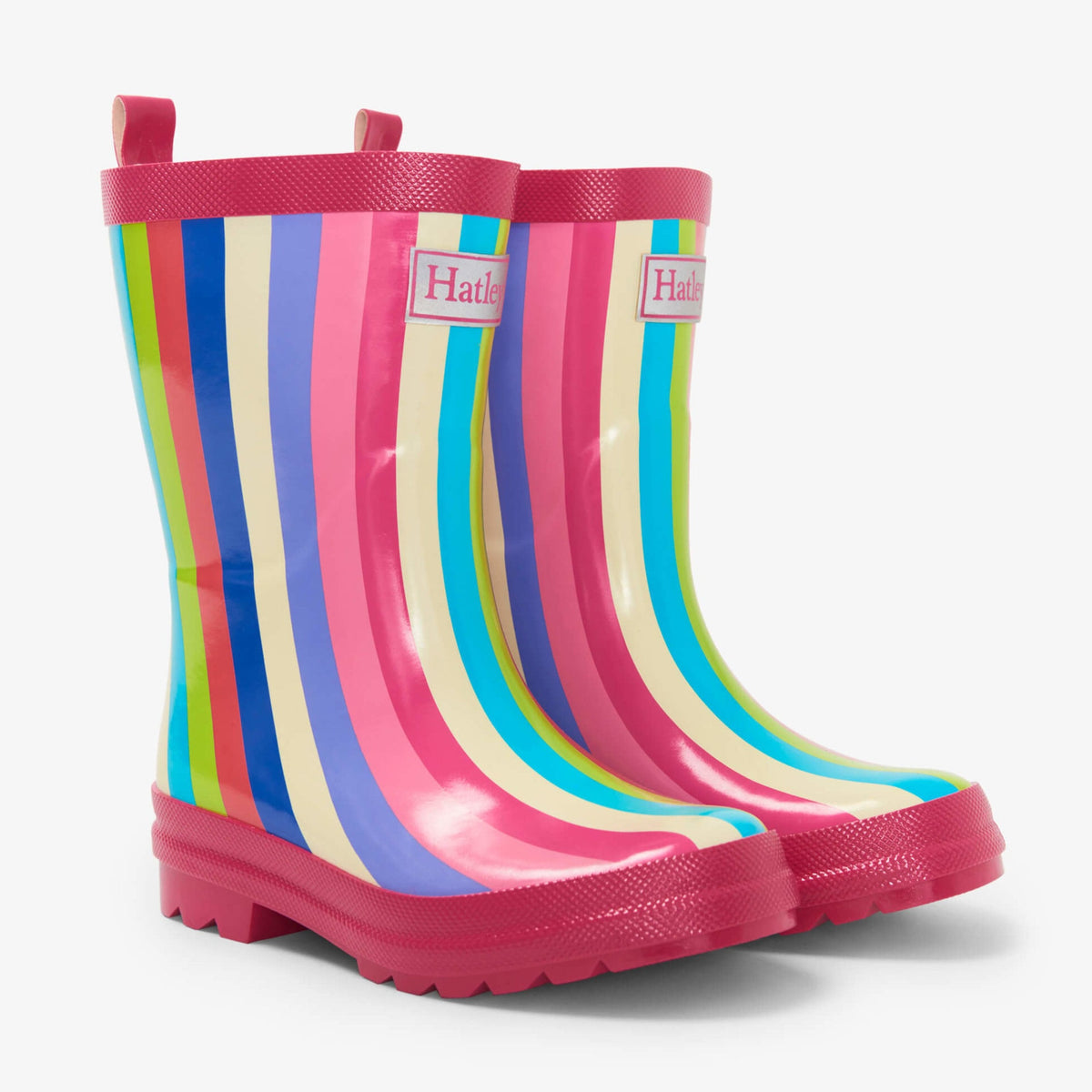Hatley Kids Shiny Rainbow Stripes Rubber Rain Boots – Black Wagon Kids